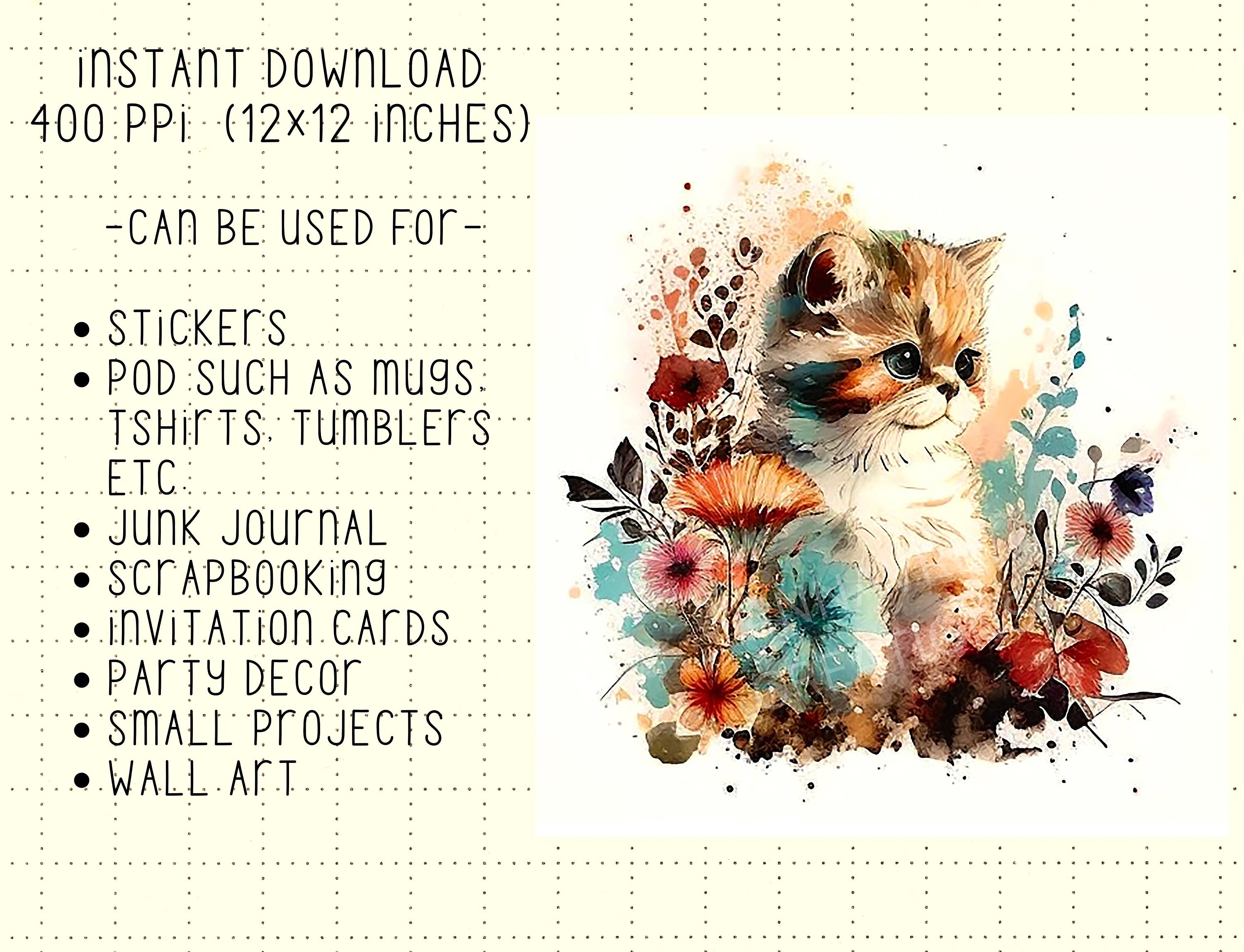 Watercolor Fantasy Kitten Clipart, Floral Cat Clipart Fantasy Cat Wall ...