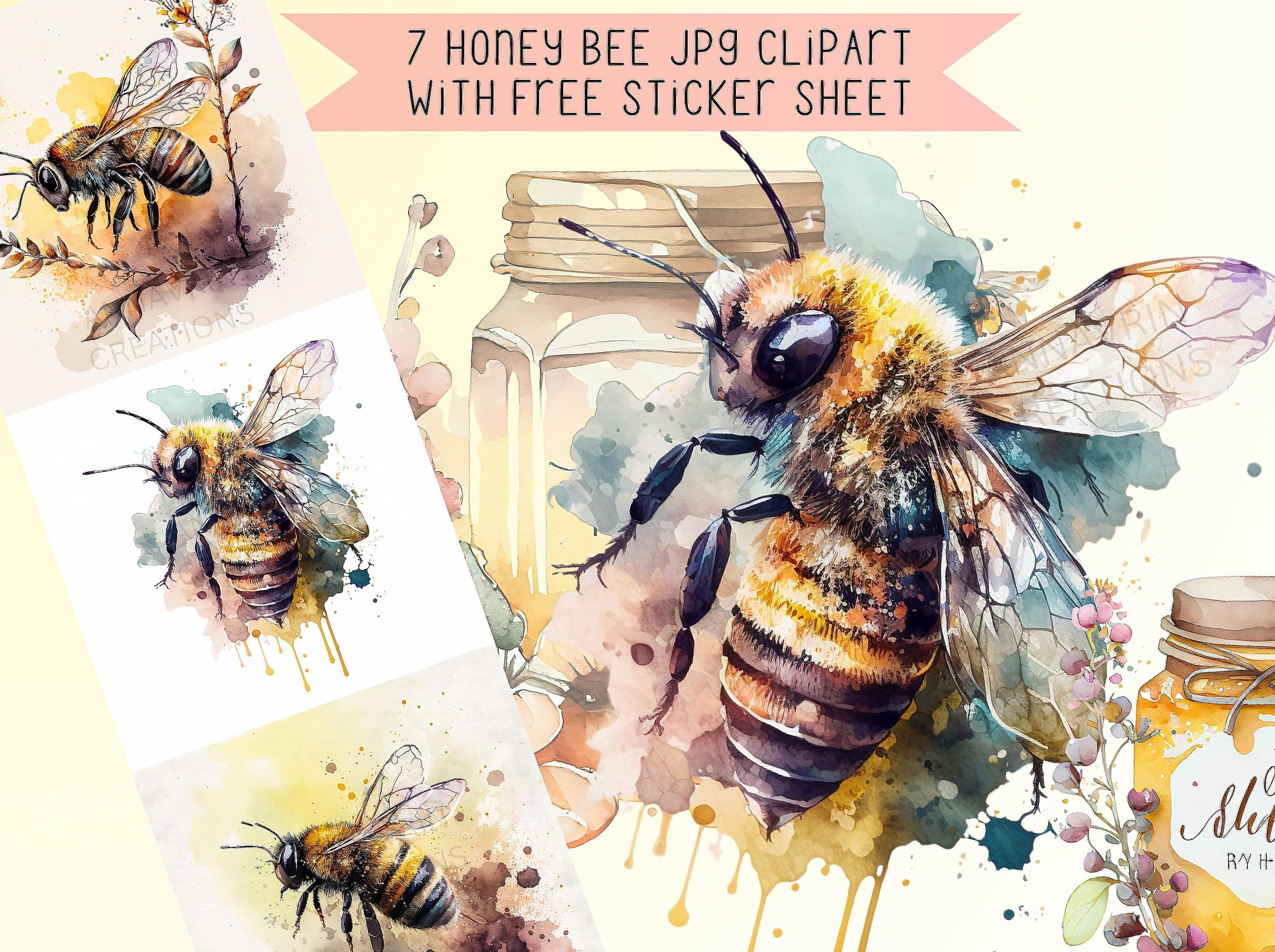 Watercolor Honey Bee Clipart 7 JPG Spring Garden Bee and Honey Jar ...