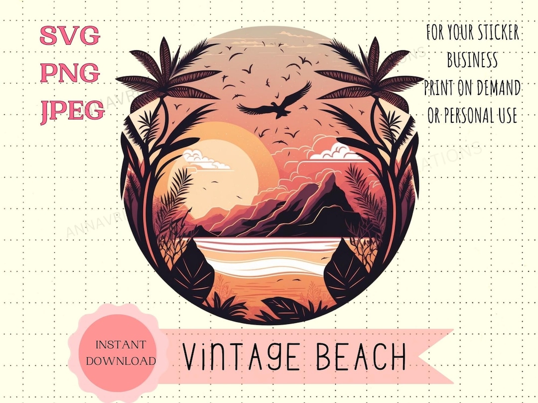 Retro Pastel Beach Clipart, Pink Summer Sublimation PNG, Beach Themed ...
