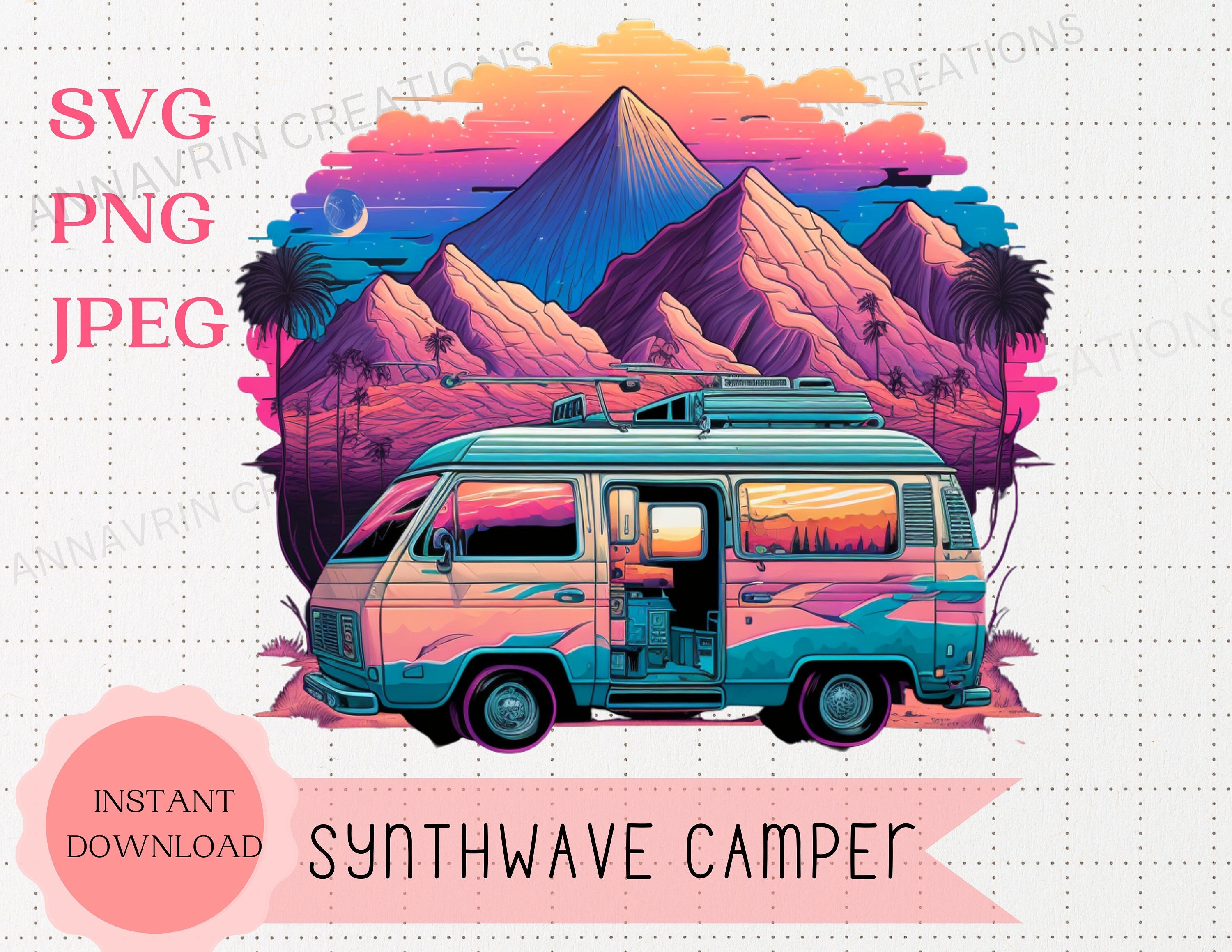 Camper Van Svg Png Jpg Clipart, Retro Camping Van Tshirt, Synthwave Van ...