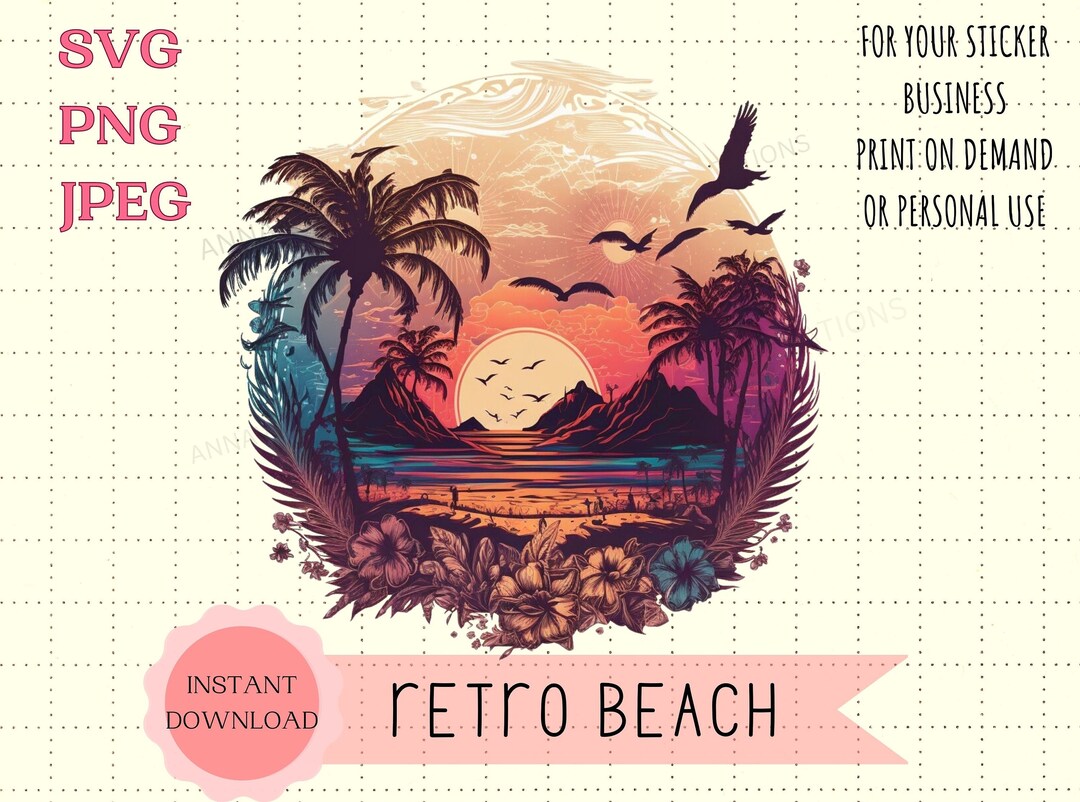 Retro Pastel Beach Clipart, Pink Summer Sublimation PNG, Beach Themed ...