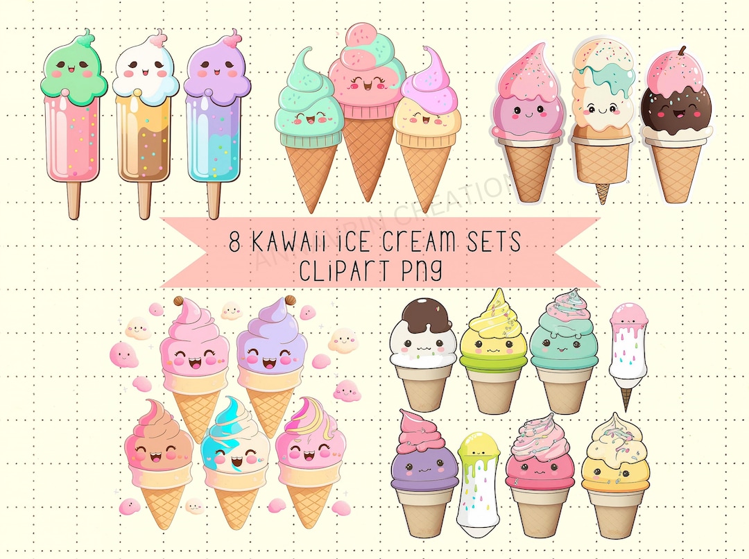 Kawaii Ice Cream Set Clipart PNG, 8 Sets of Ice Cream Sticker Instant ...