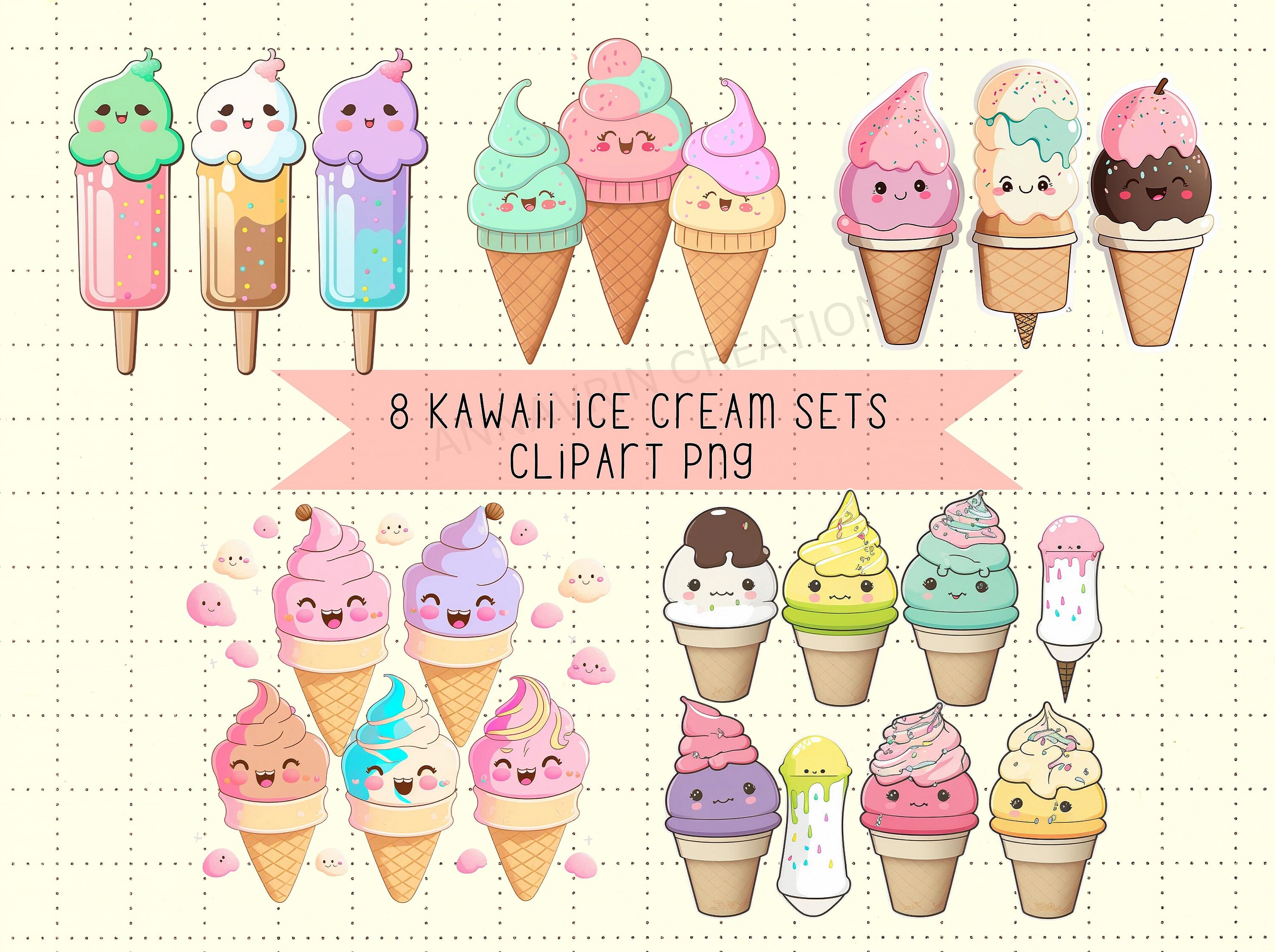Kawaii Ice Cream Set Clipart PNG 8 Sets of Ice Cream Sticker - Etsy