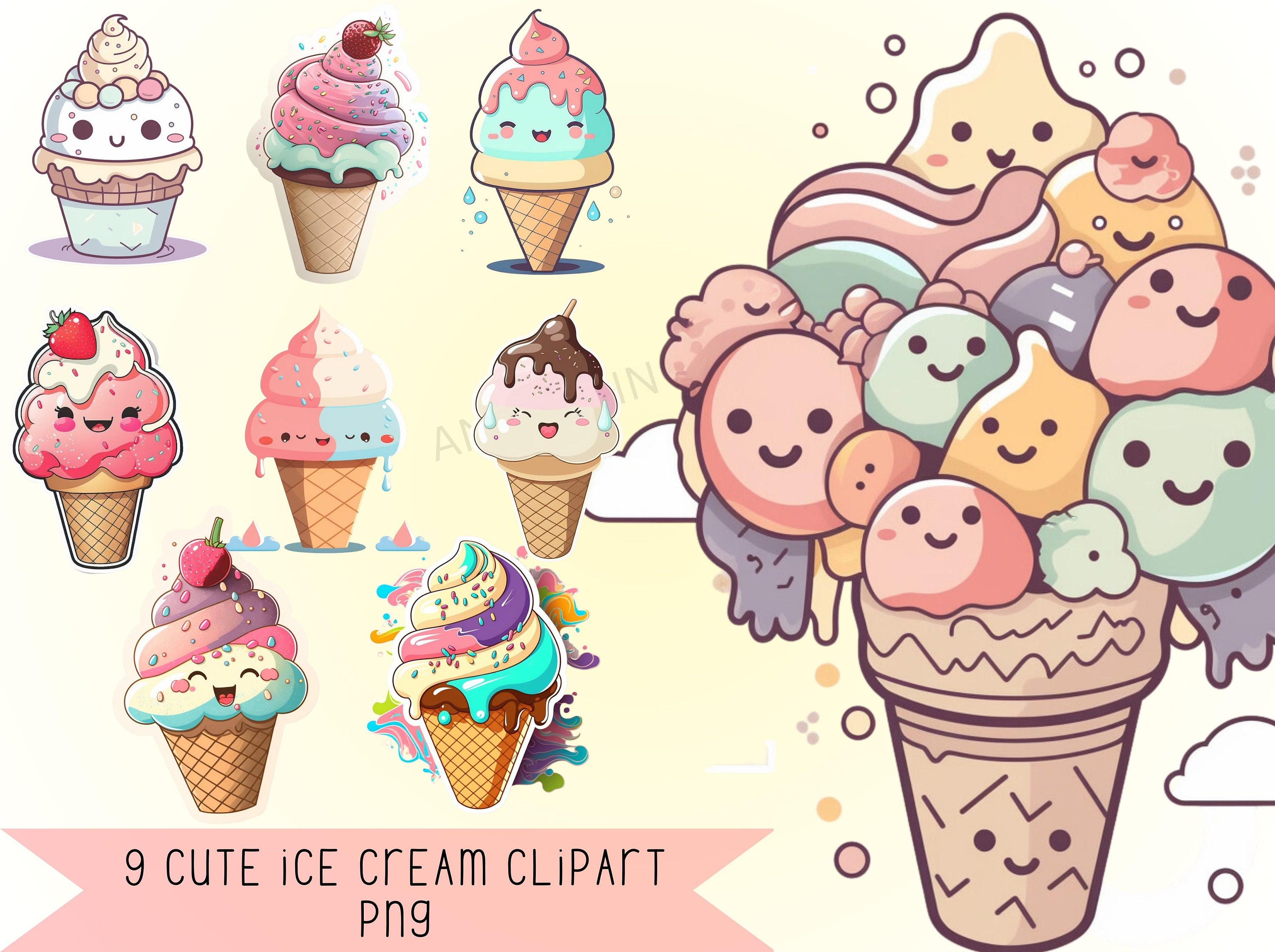 Kawaii Ice Cream Clipart PNG Graphics, Ice Cream Sticker Instant ...