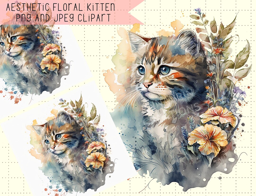 Watercolor Fantasy Kitten Clipart, Floral Cat Clipart Fantasy Cat Wall ...