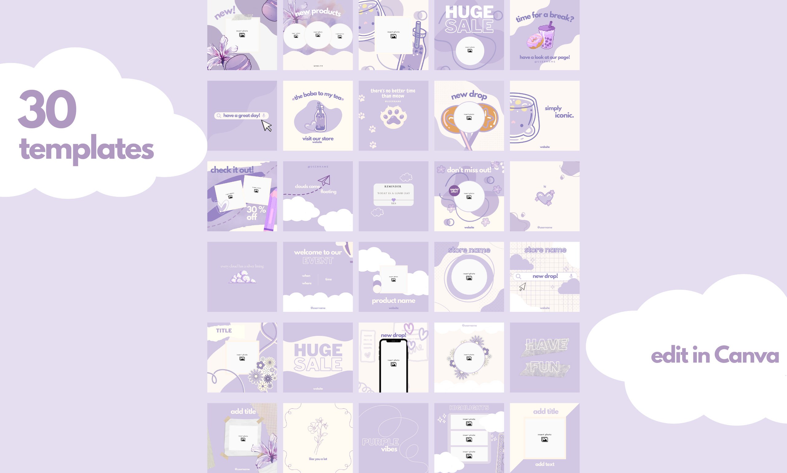 30 Cute and Purple Instagram Post Templates | Instagram Templates Canva ...