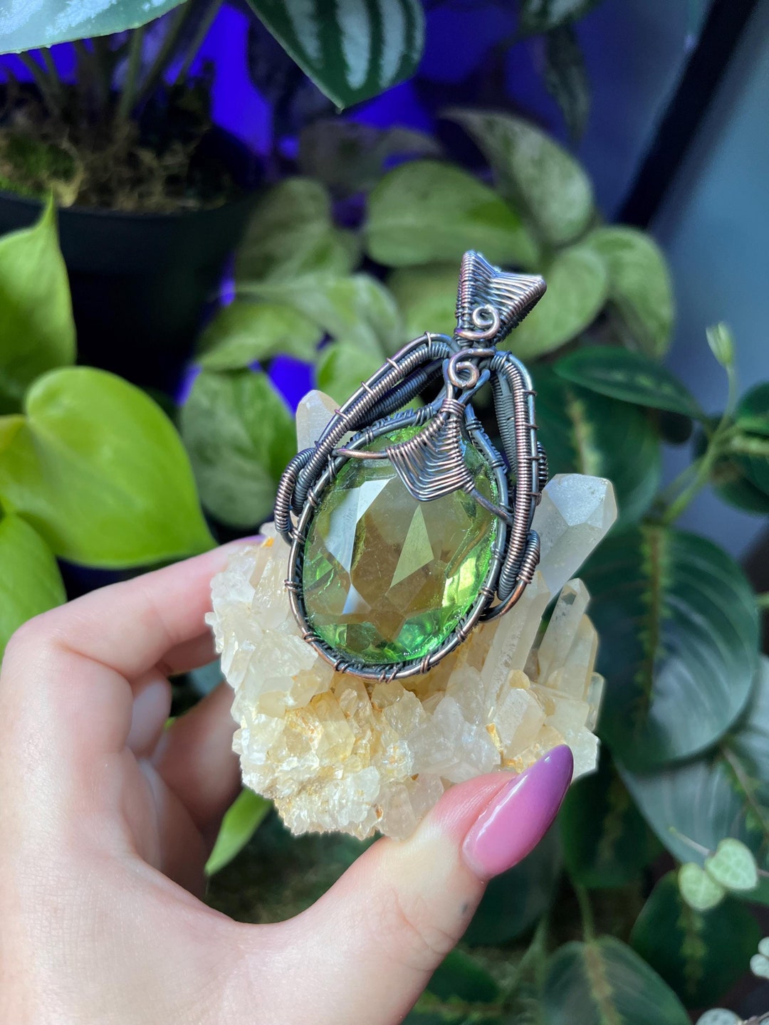 Green Glass Gem Copper Wire Statement Pendant - Etsy