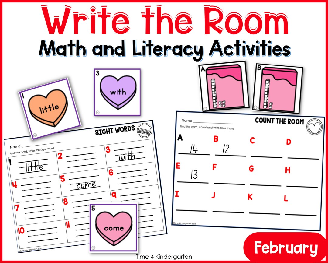 February Valentine's Day Write the Room Math and Literacy Activities - Etsy