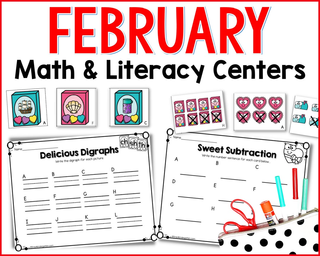 February Valentine's Center Math and Literacy Activities Kindergarten ...