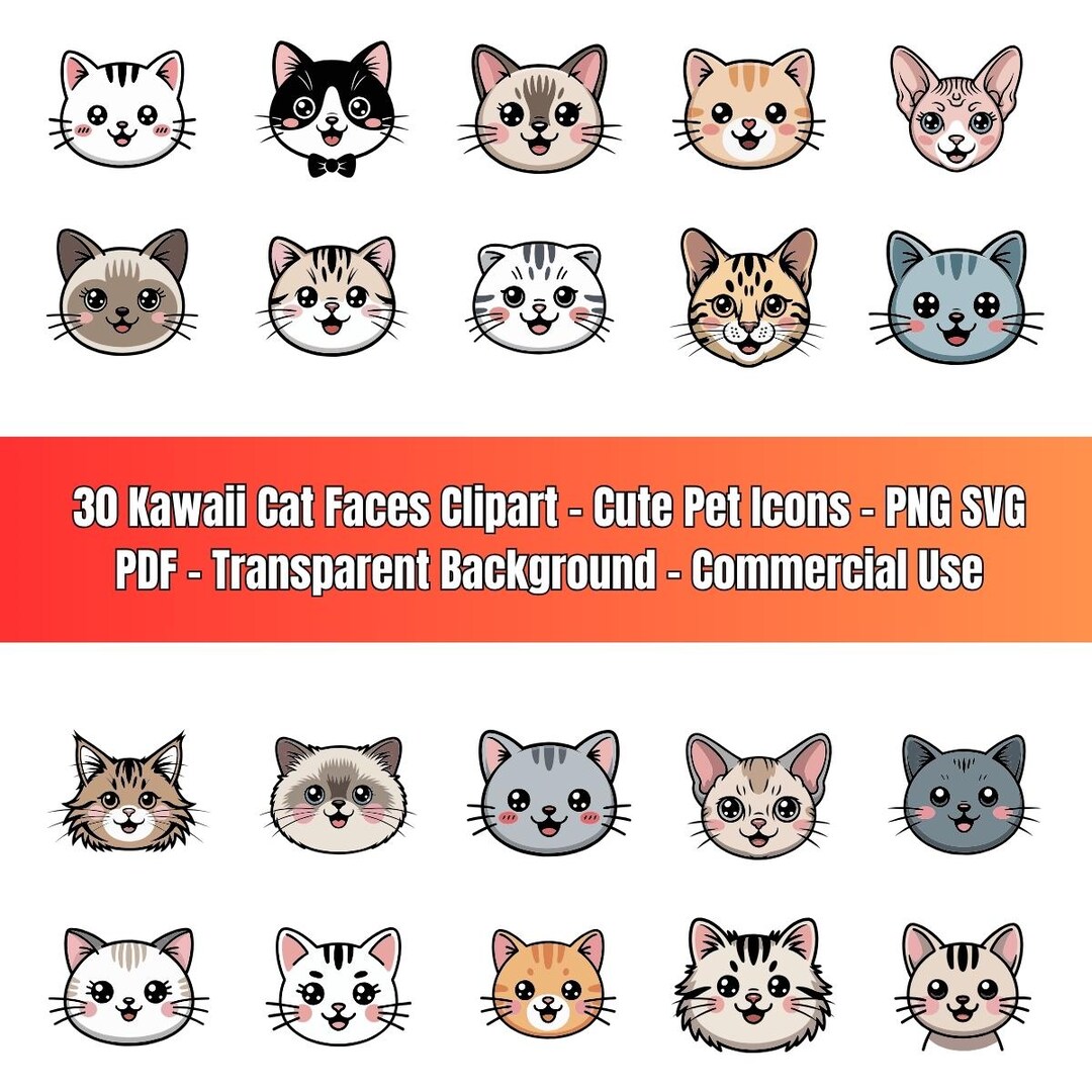 Kawaii Cat Faces Clipart – Cute Pet Icons (PNG, SVG, PDF) - Etsy