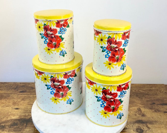 Vintage 1950's Tin Litho Yellow Floral Nesting Canisters Set of 4 ...