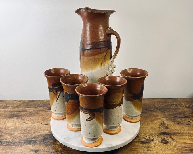 Vintage Pottery Pitcher Set; Pitcher With 5 Matching Glasses; Brown ...