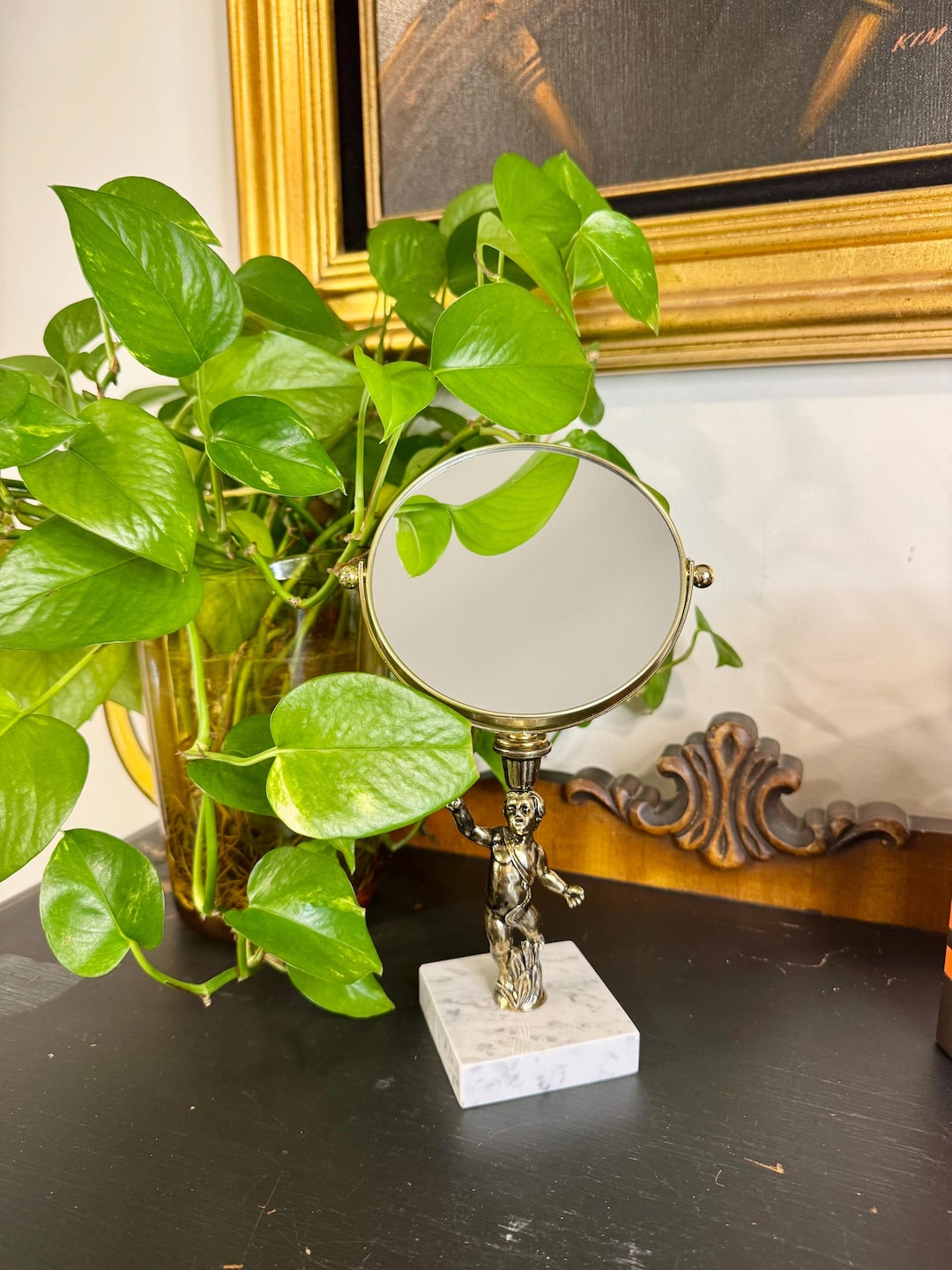 Vintage MCM Brass & Marble Standing Cherub Flip Vanity Mirror; Elegant ...