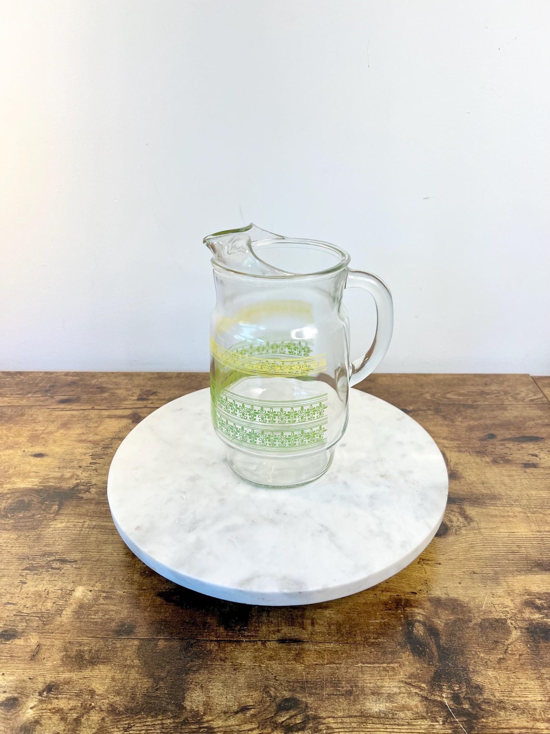 Vintage Mid Century Glass Pitcher With Green & Yellow Floral Stripes ...