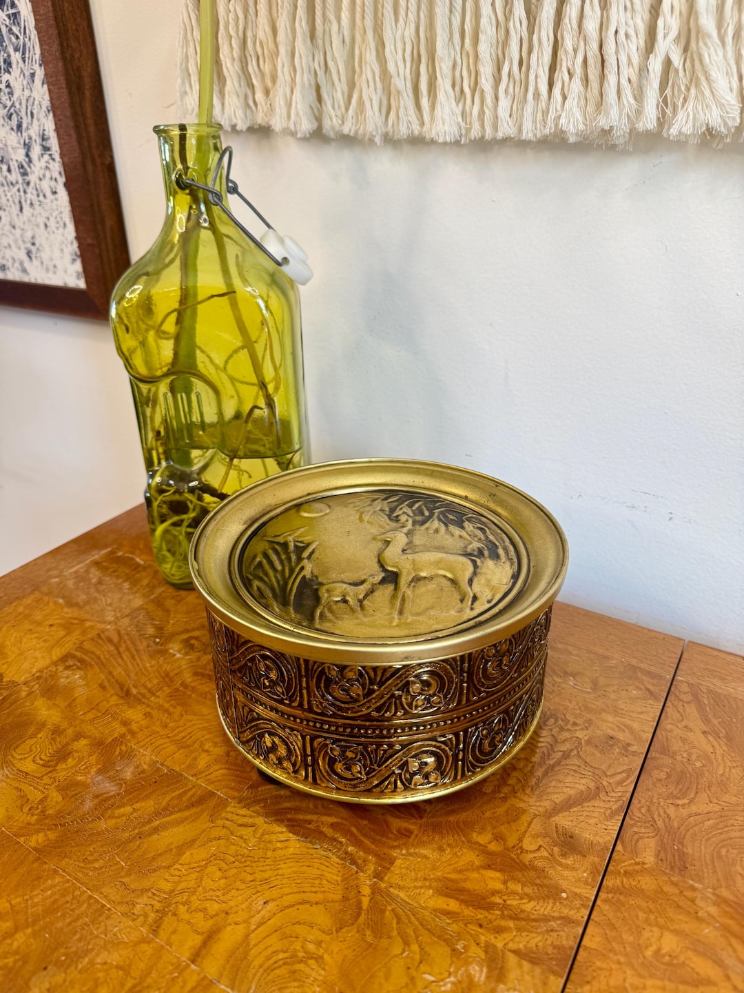 Vintage Mid Century Guildcraft USA Gold Deer Embossed Footed Tin; Retro ...