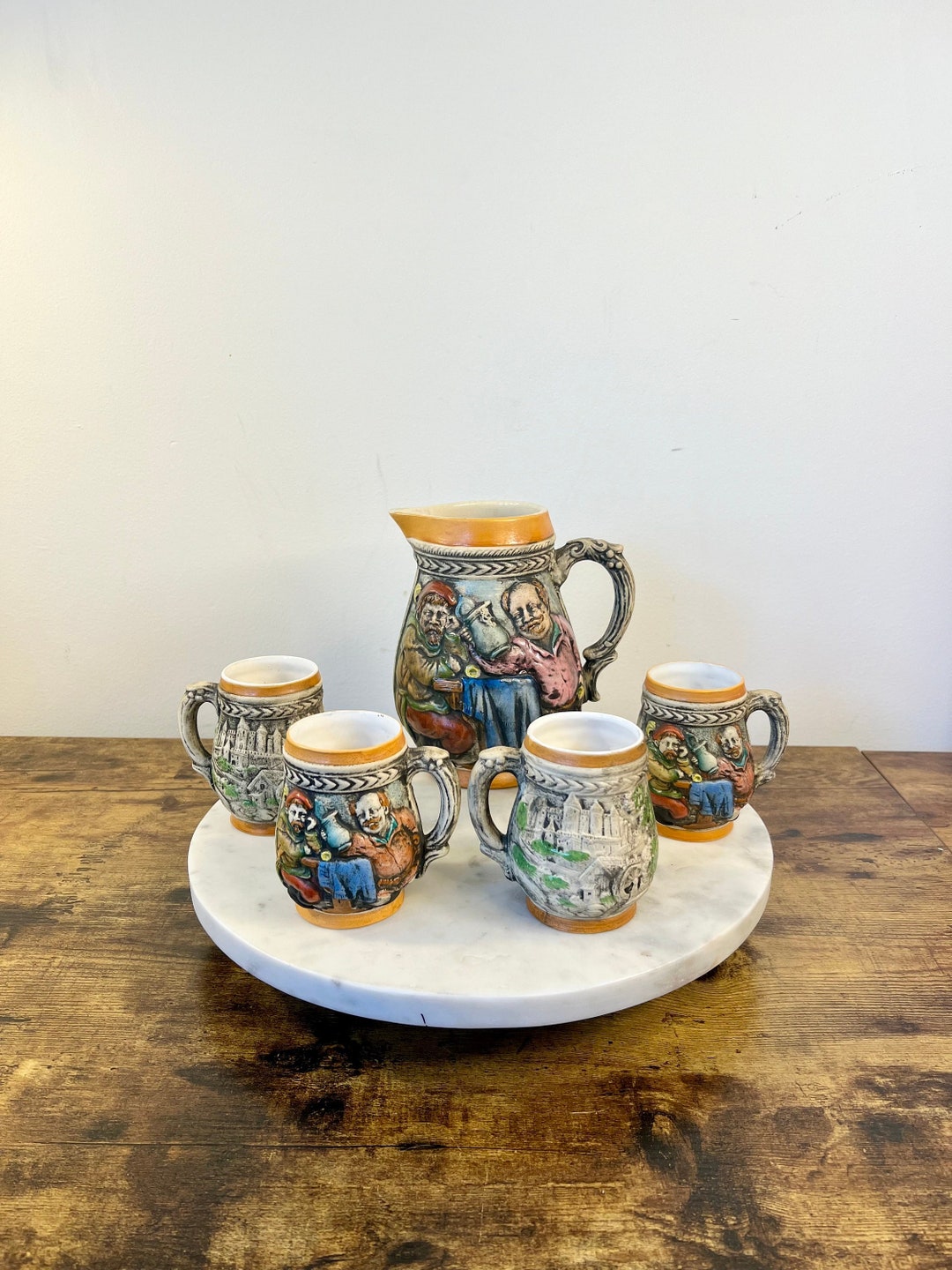 Vintage Old European Style Ale House Ceramic Pitcher & Mugs Set of 5 ...