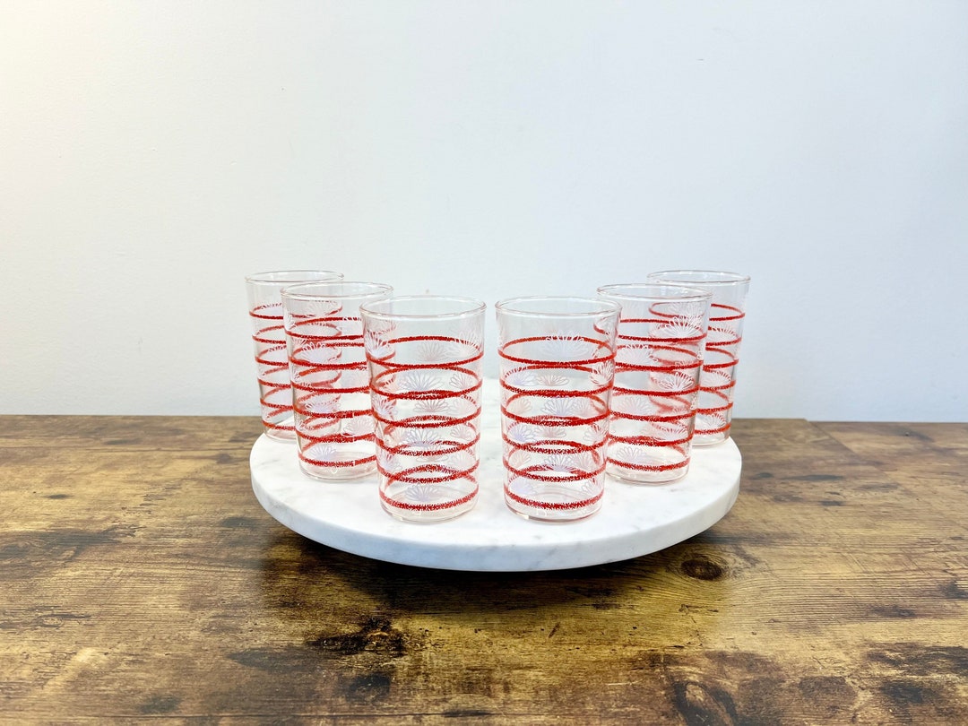 Vintage Mid Century Red & White Glass Tumblers; Set of 6; Retro ...