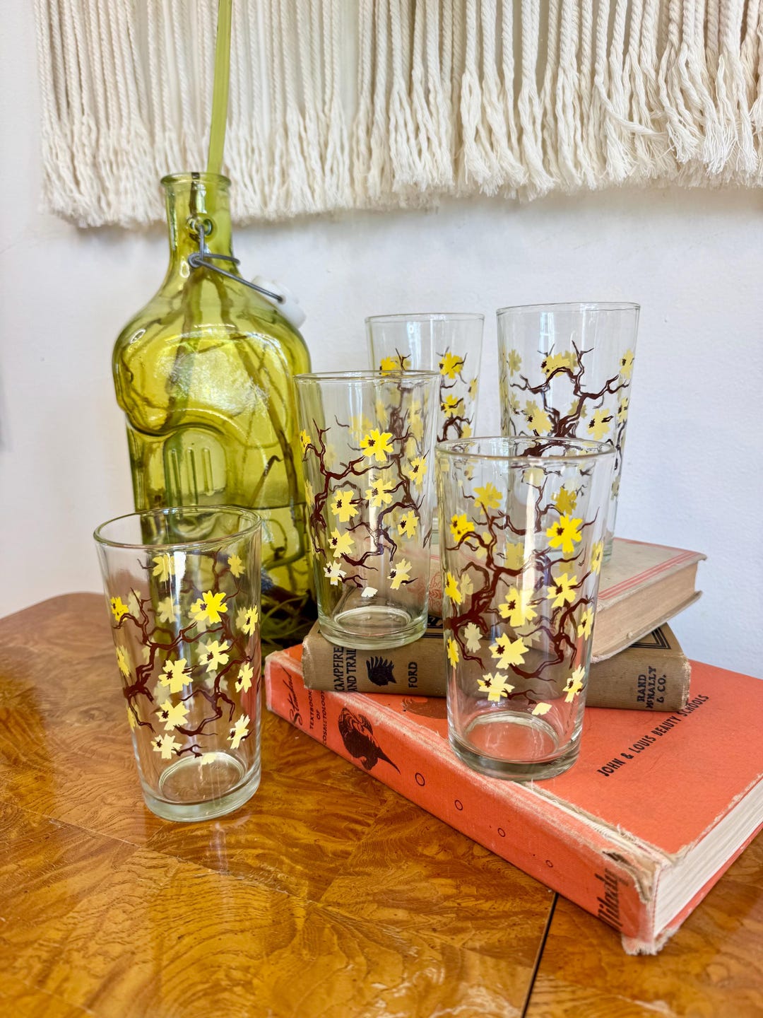 Vintage Yellow Floral Mid Century Glass Tumblers; Set of 5 or 6; Retro ...