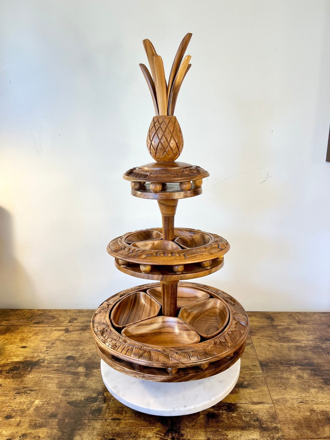 Vintage TALL Mid Century Modern Carved Wood 3 Tier Rotating Appetizer ...