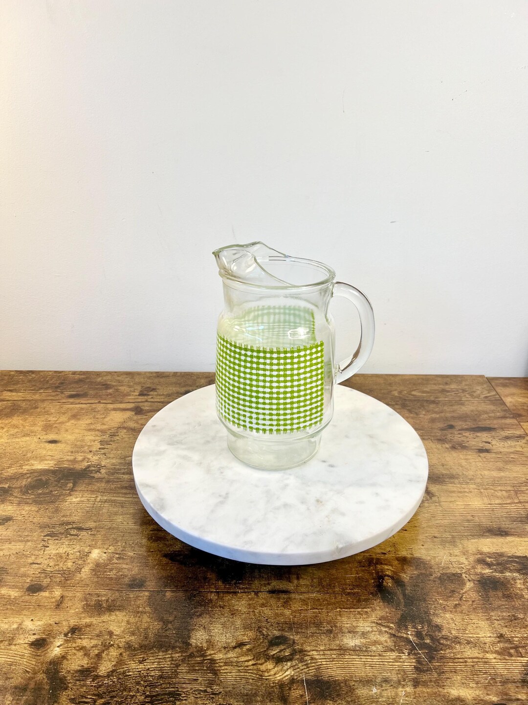 Vintage Anchor Hocking MCM Glass Pitcher With Green & White Gingham ...