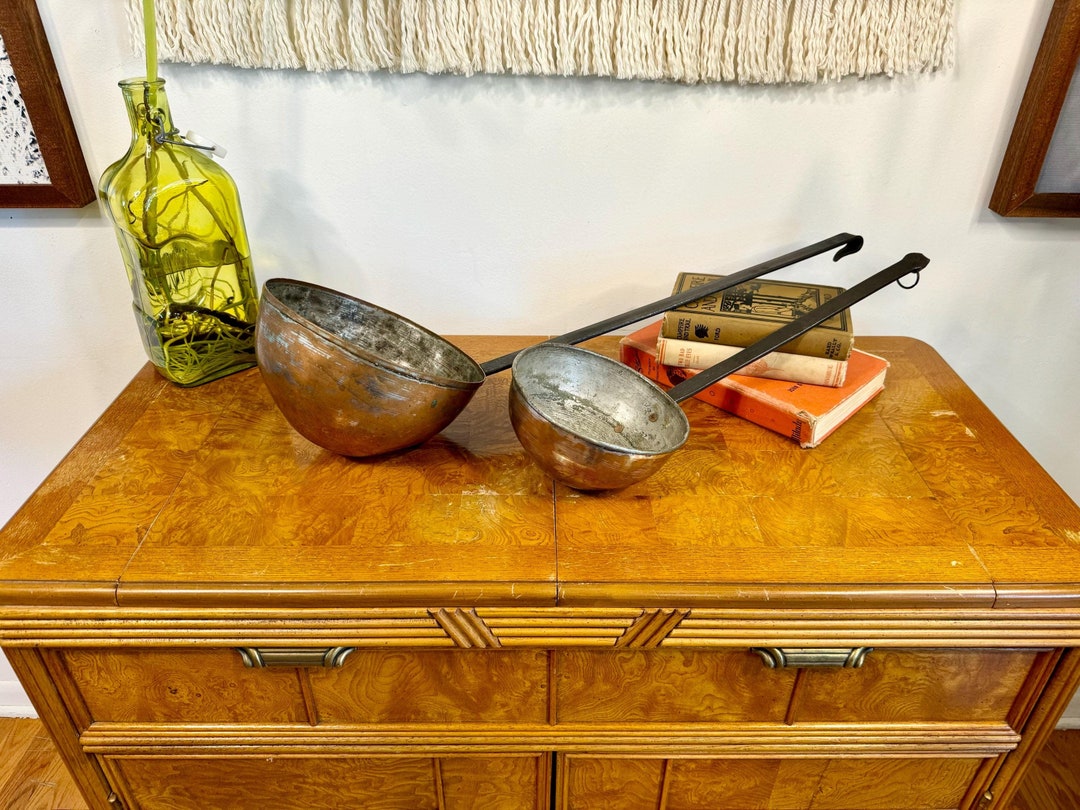 Pair of Vintage Tin, Copper, & Iron Giant Ladles; Retro Kitchenalia ...