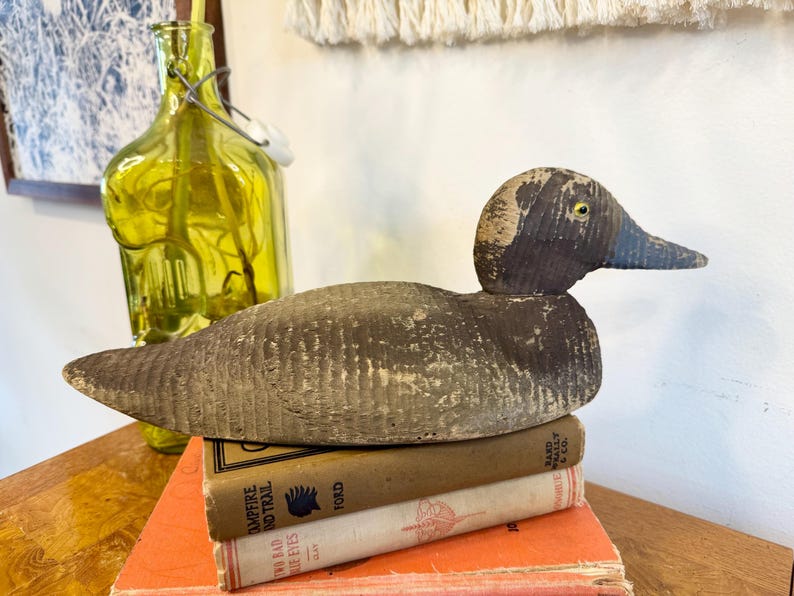 Antique Hand Carved Wooden Duck Decoy With Glass Eyes; Retro Cabin ...