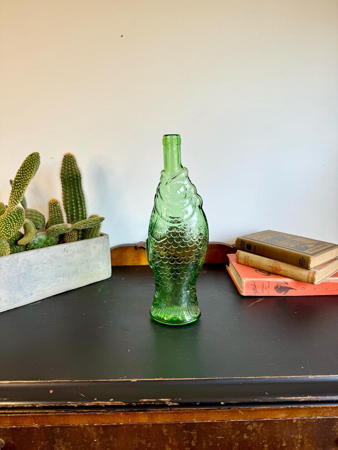 Vintage Mid Century Fish Shaped Green Glass Wine Bottle Retro Barware ...