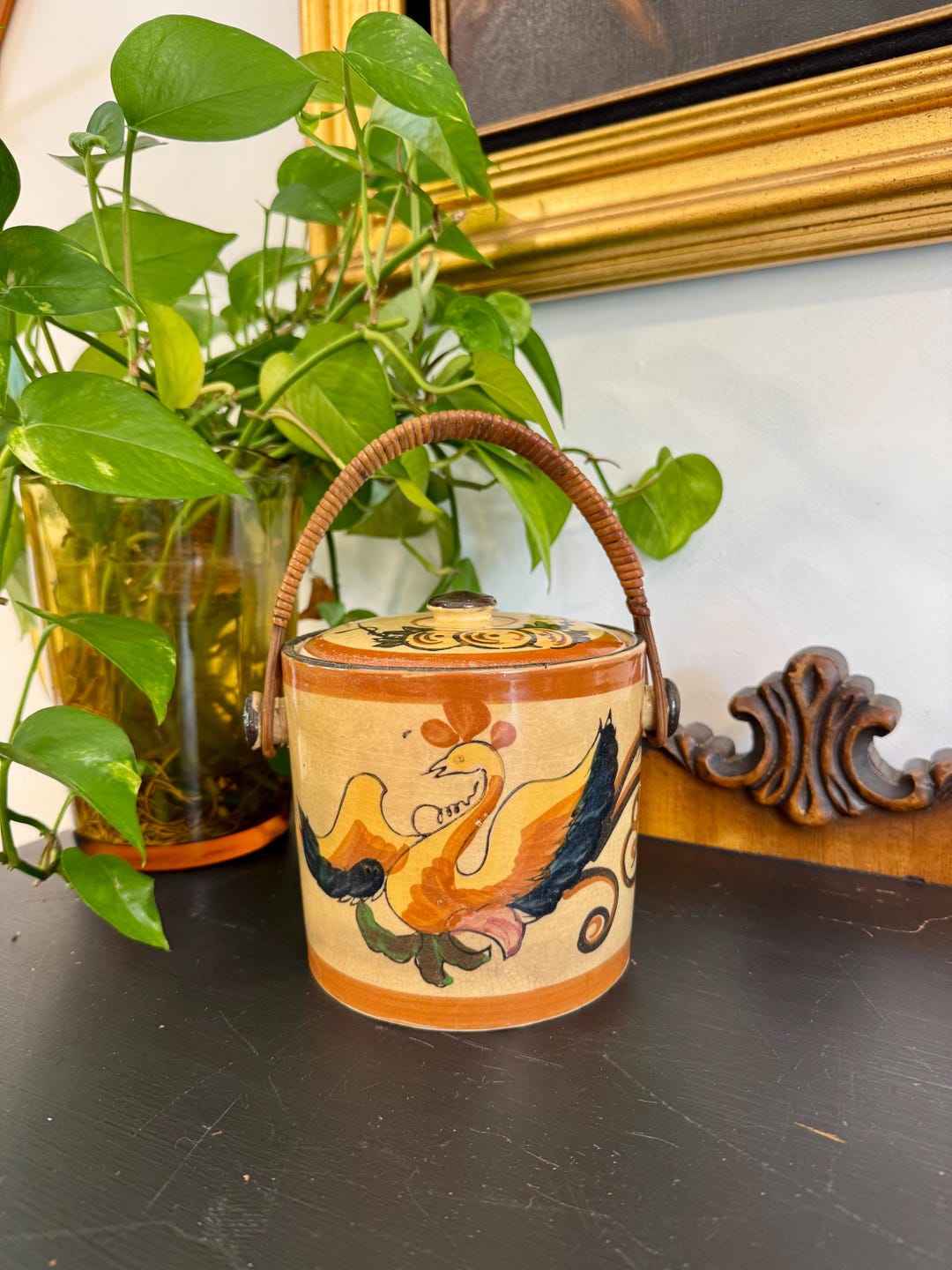 Vintage MCM Japan Phoenix Ceramic Lidded Biscuit Jar With Rattan Handle ...