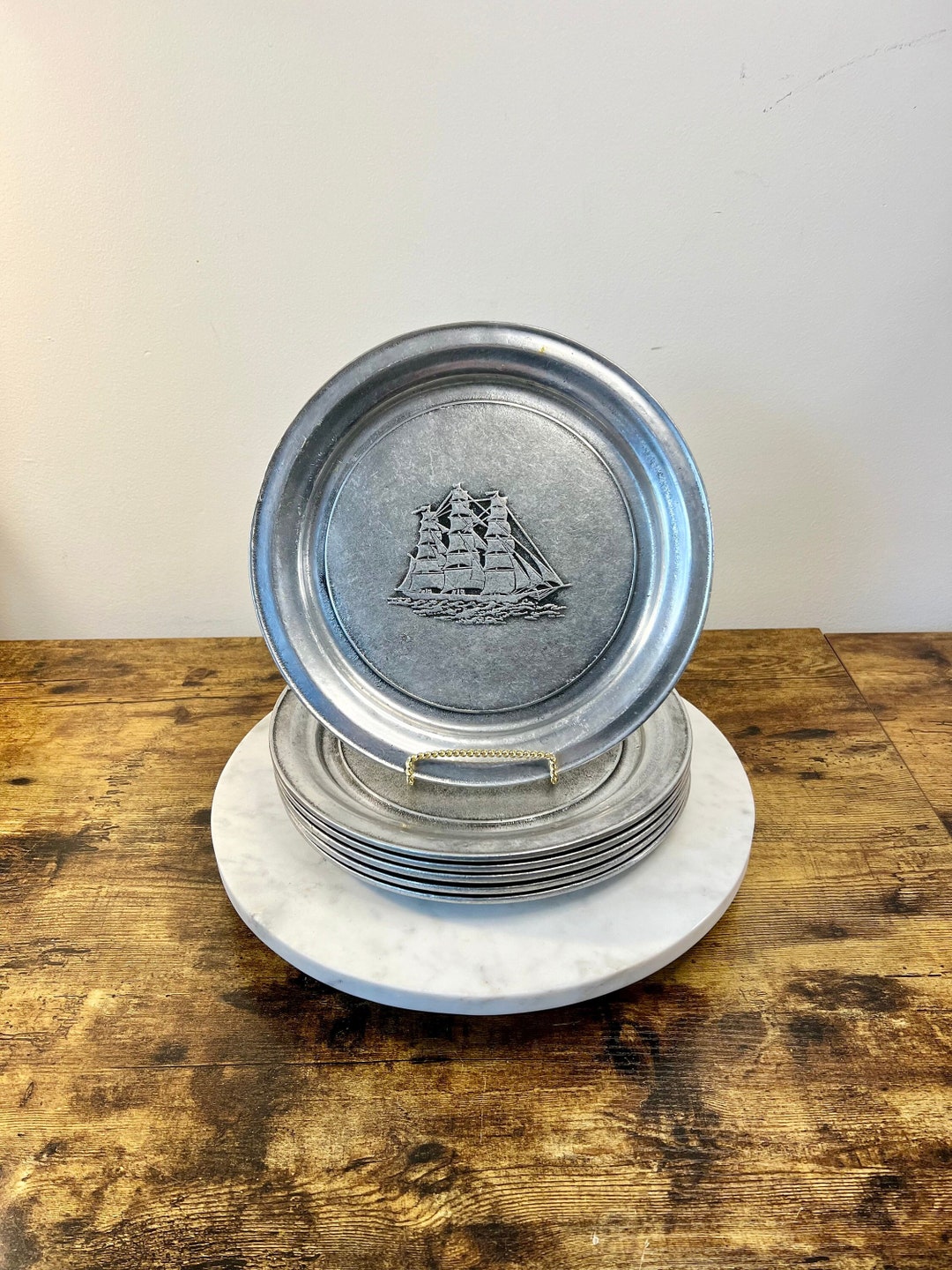 Vintage Heavy Pewter Plates With Raised Ship Design Signed b Set of 6 ...