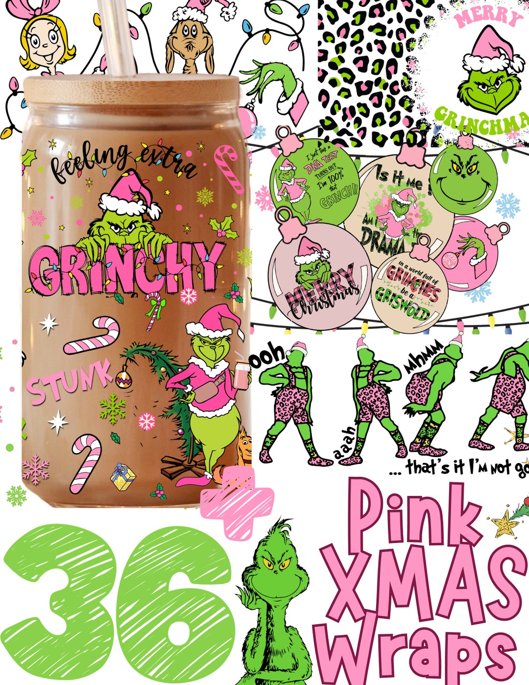 Pink Christmas Grinch Glass Can Wraps: 36 PNG Designs (digital Download ...