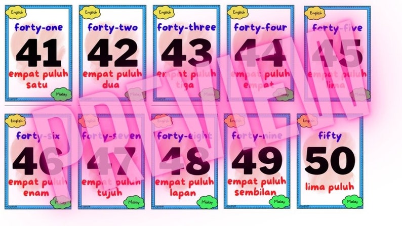 Printable Coloring Numbers in English and Malay Printable Flashcard ...