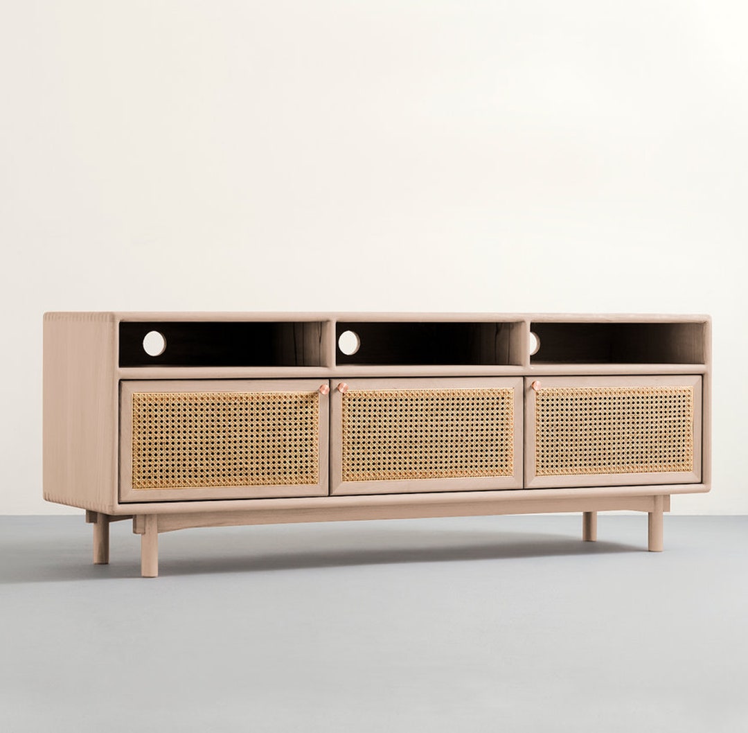 Minimal Design TV Table With Hand Woven Rattan Doors - Etsy