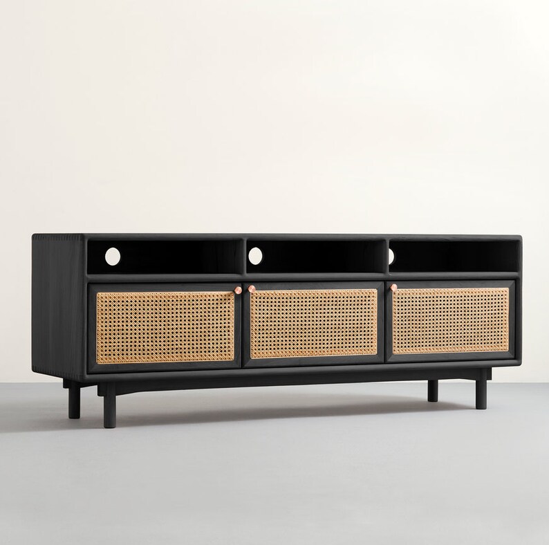 Minimal Design TV Table With Hand Woven Rattan Doors - Etsy