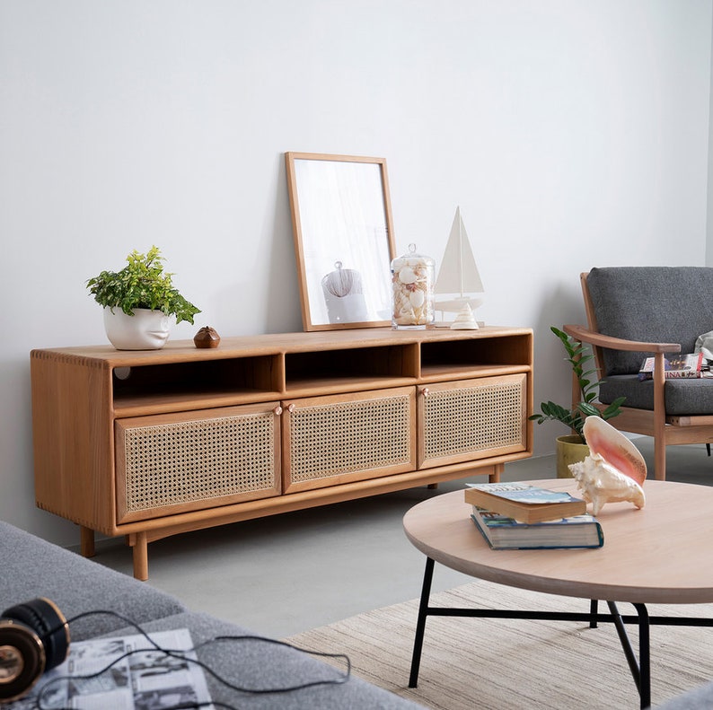 Minimal Design TV Table With Hand Woven Rattan Doors - Etsy