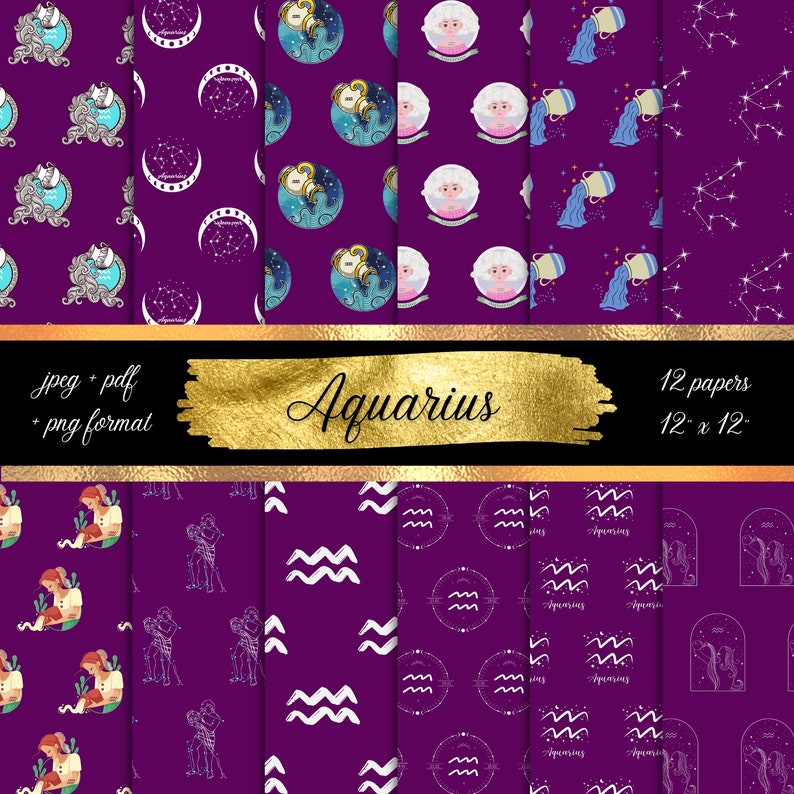 Aquarius Digital Paper, Printable Seamless Background Bundle, Zodiac ...