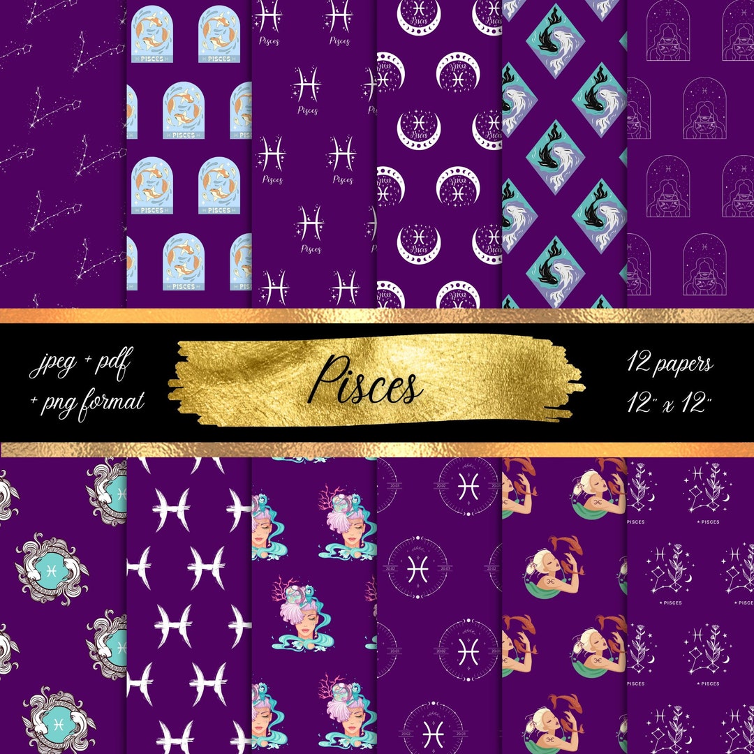 Pisces Digital Paper, Printable Seamless Backdrop Kit, Zodiac Sign ...