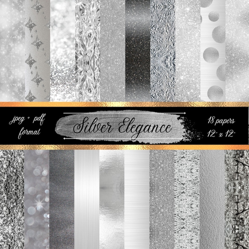 Silver Digital Paper Bundle, Seamless Glitter Pattern, Printable ...