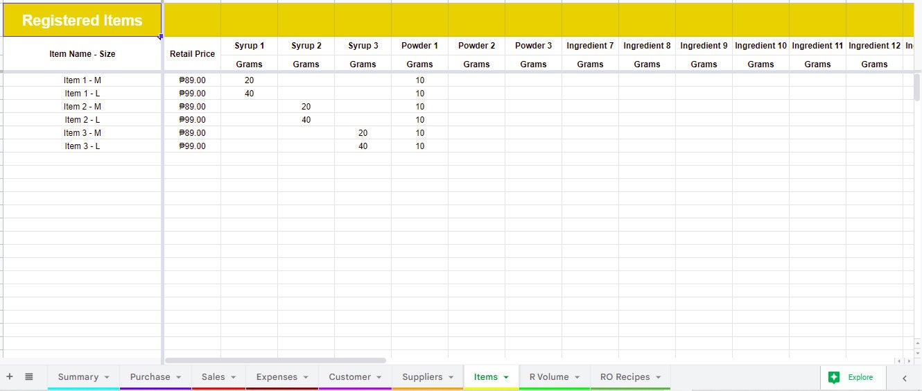 Inventory Management System Ingredient-volume Based Google Sheets ...