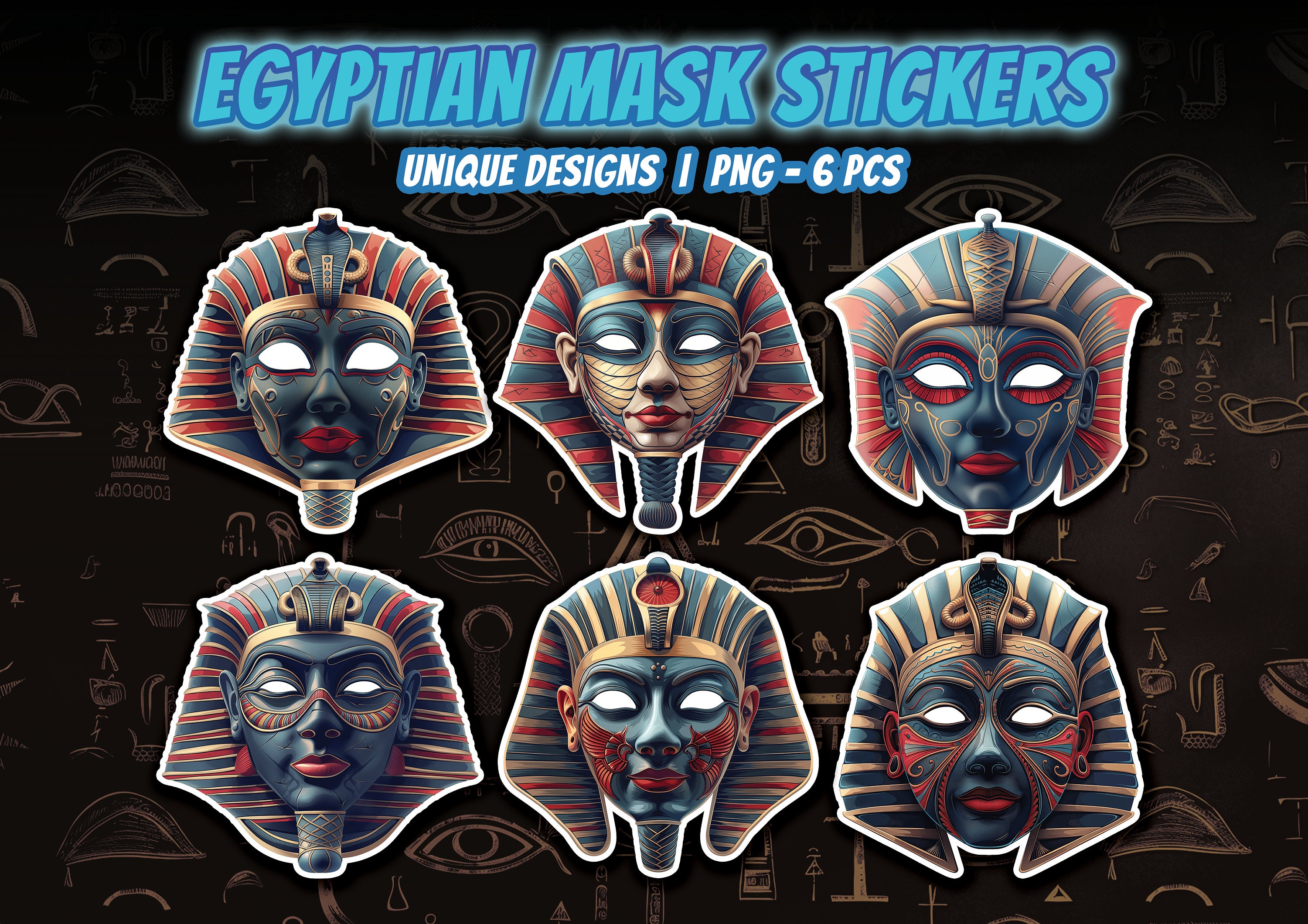 Bundle, Blue and Gold Egyptian Pharaoh Masks Stickers, Masks ...