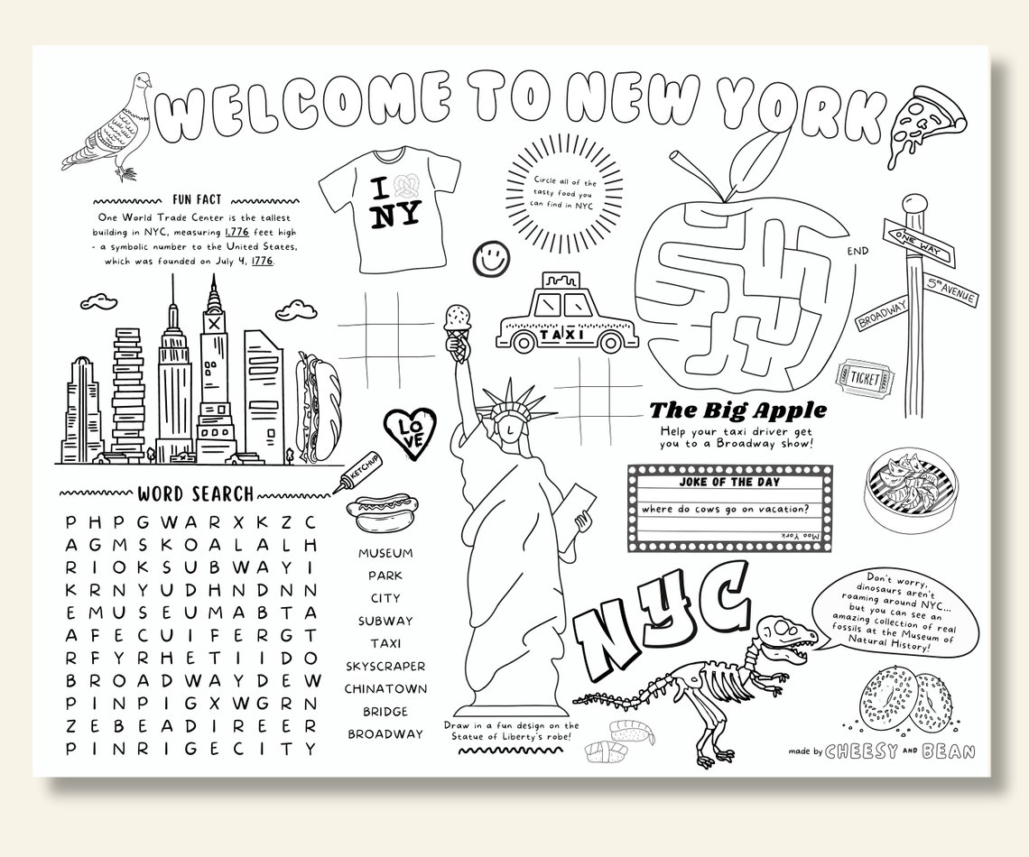 New York City Activity Sheet for Kids, NYC Coloring Placemat, New York ...