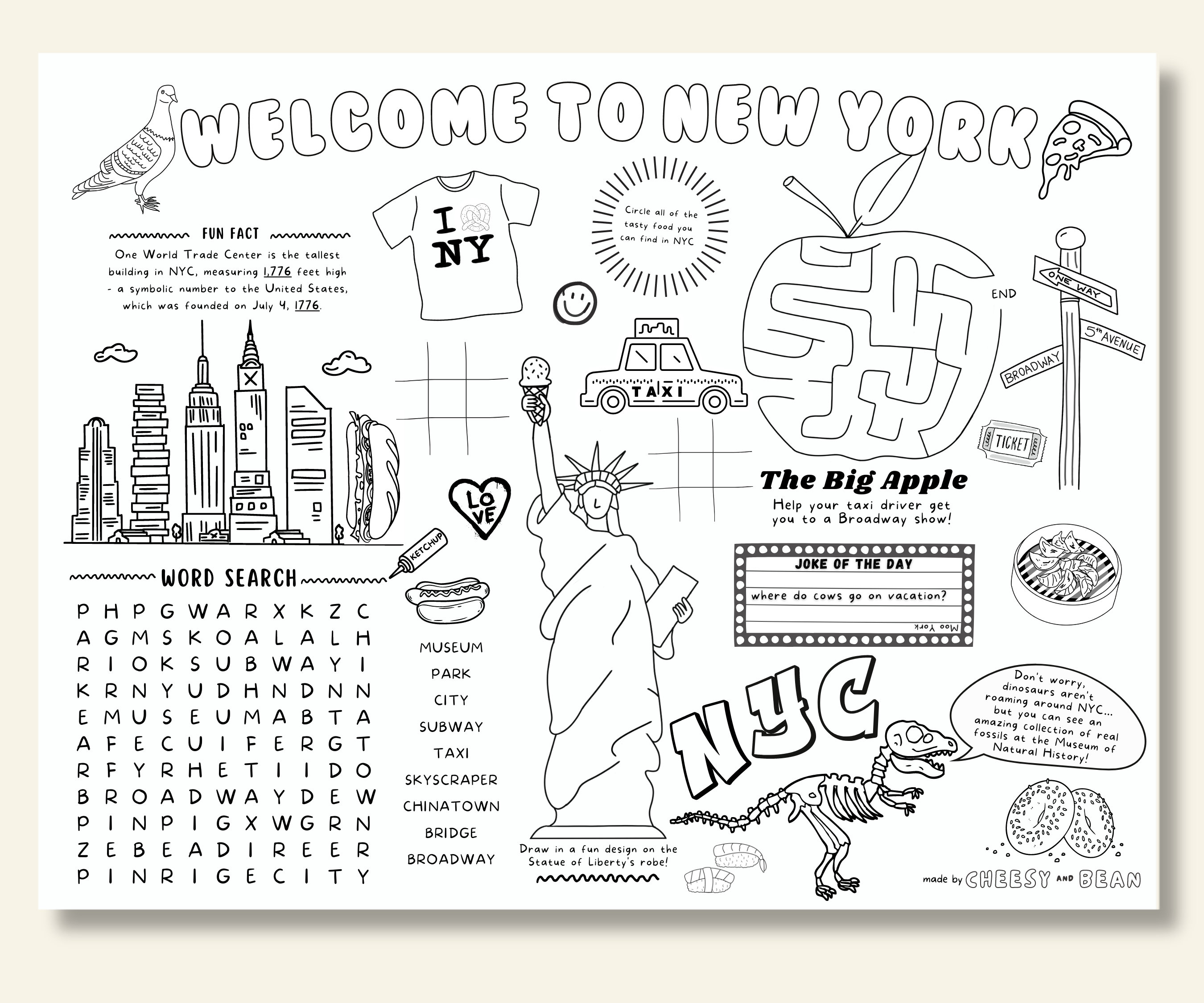 New York City Activity Sheet for Kids, NYC Coloring Placemat, New York ...