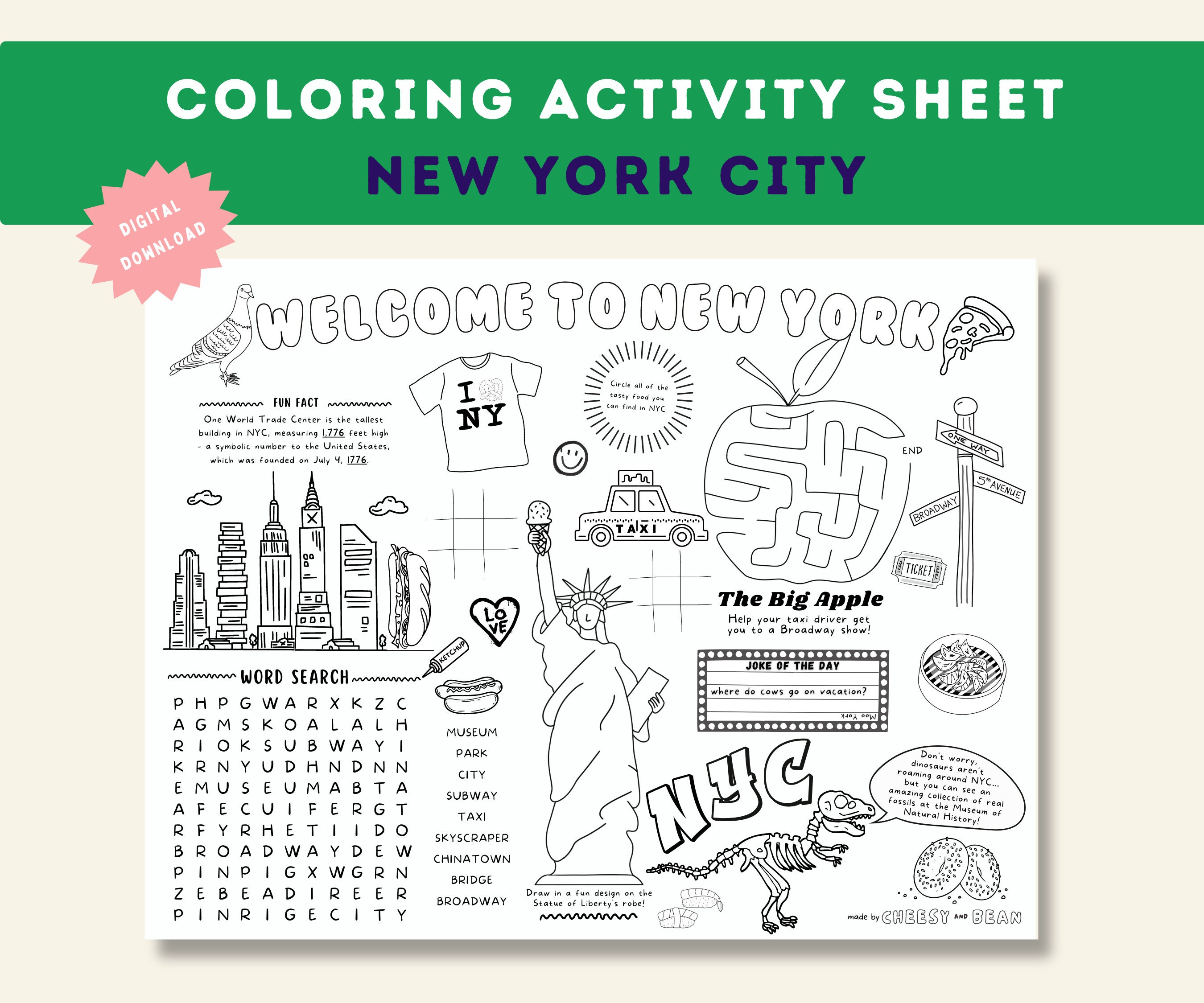 New York City Activity Sheet for Kids, NYC Coloring Placemat, New York ...