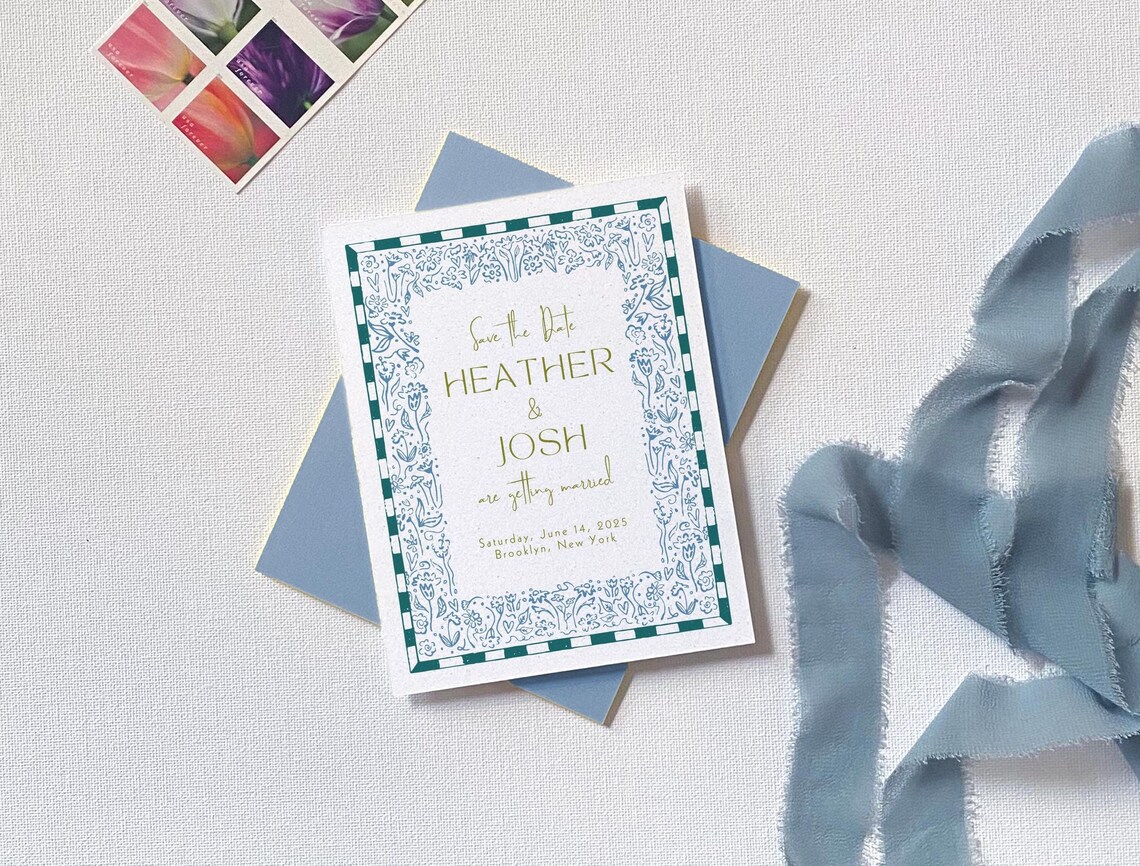 Floral and Checker Border Save the Date, Checker, Flower, Modern ...