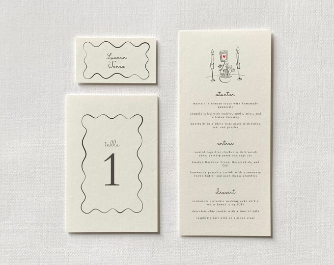 Wavy Border Place Card, Menu, and Table Number Set, Hand Drawn Details ...