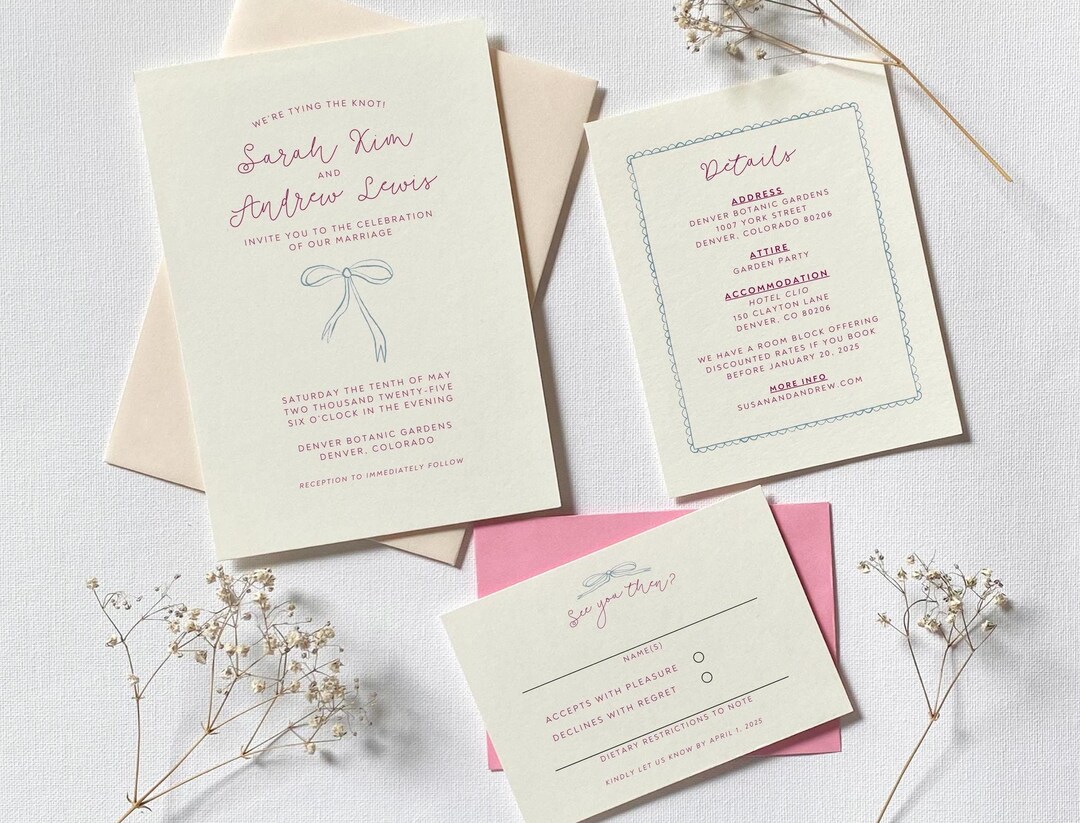 Cute and Colorful Ribbon and Bow Wedding Invitation, Hand Drawn, Bows ...