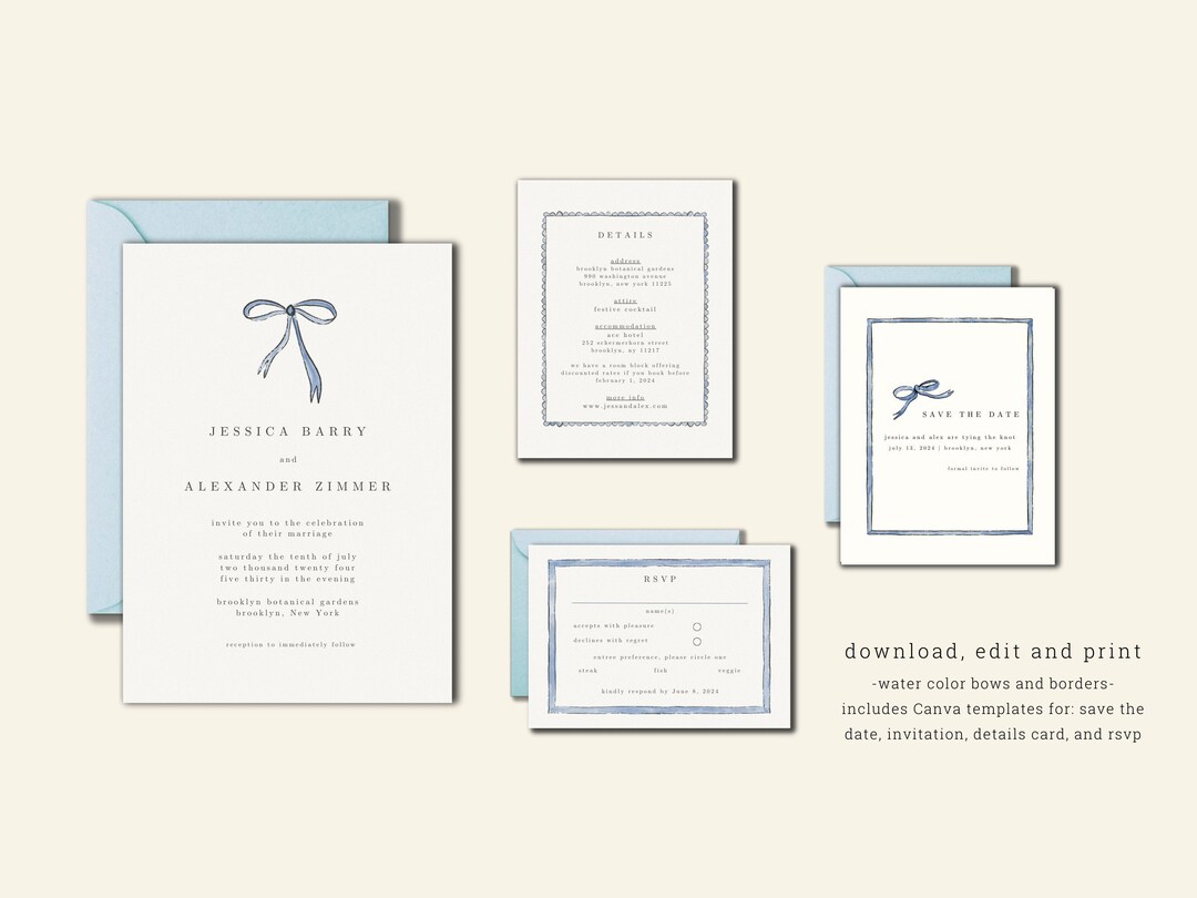 Bows and Borders Wedding Invitation Stationery Template Hand - Etsy