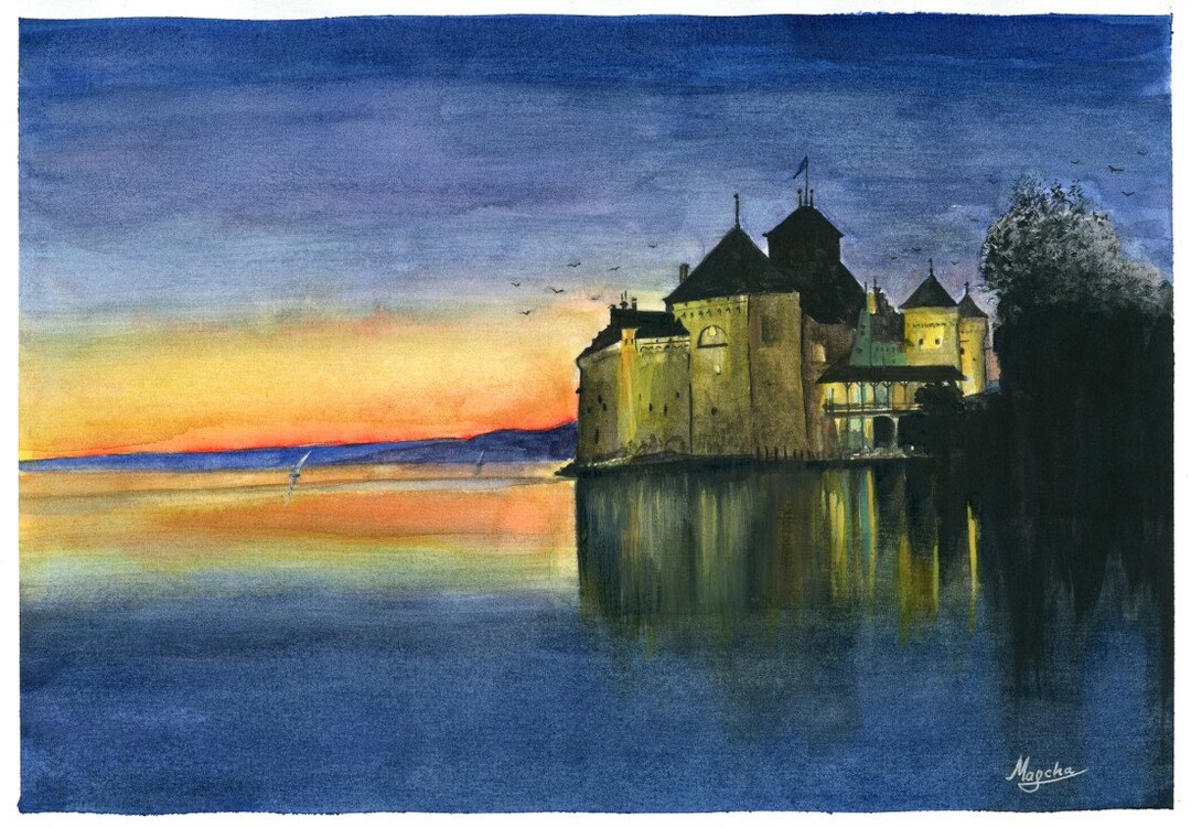 Original Watercolor Painting of Chillon Castle by Night (switzerland ...