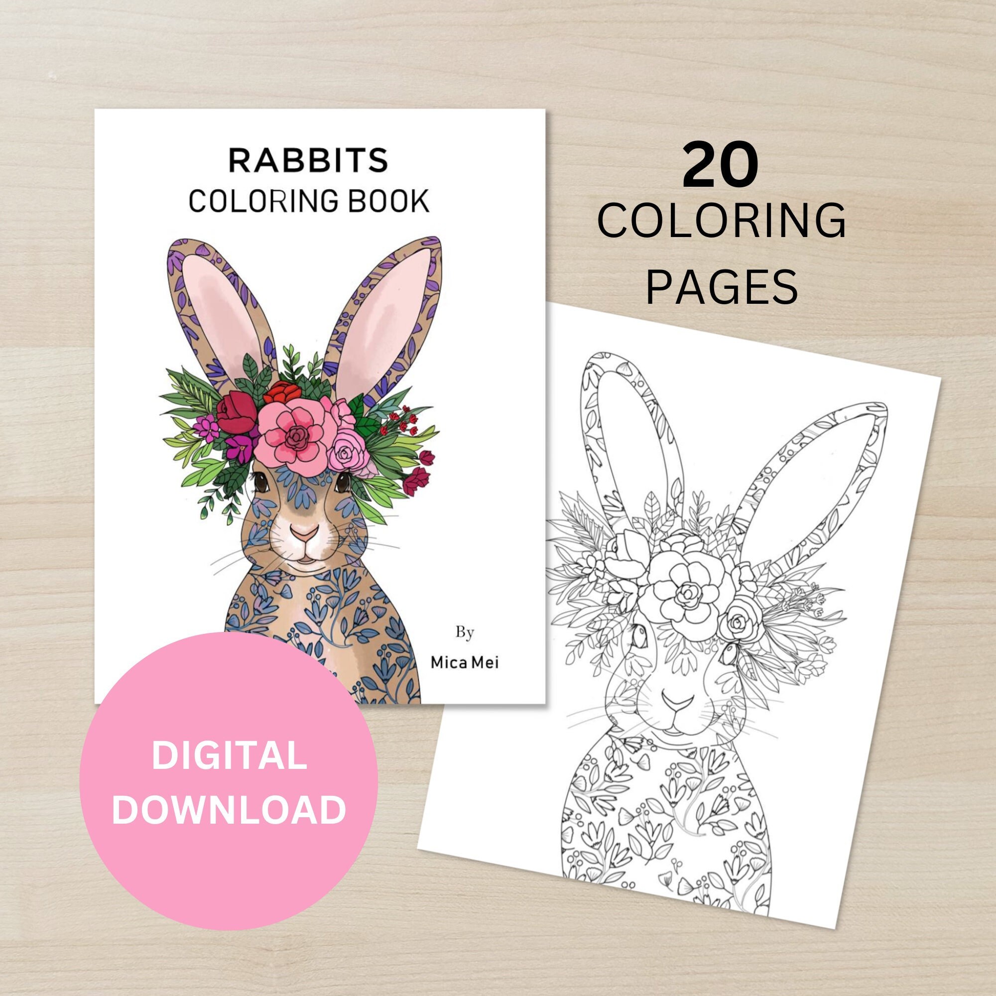 Rabbits, Printable Coloring Pages for Adults, Printable Instant Digital ...