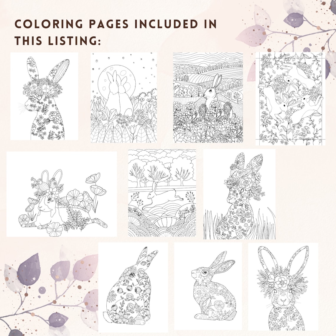 Rabbits, Printable Coloring Pages for Adults, Printable Instant Digital ...