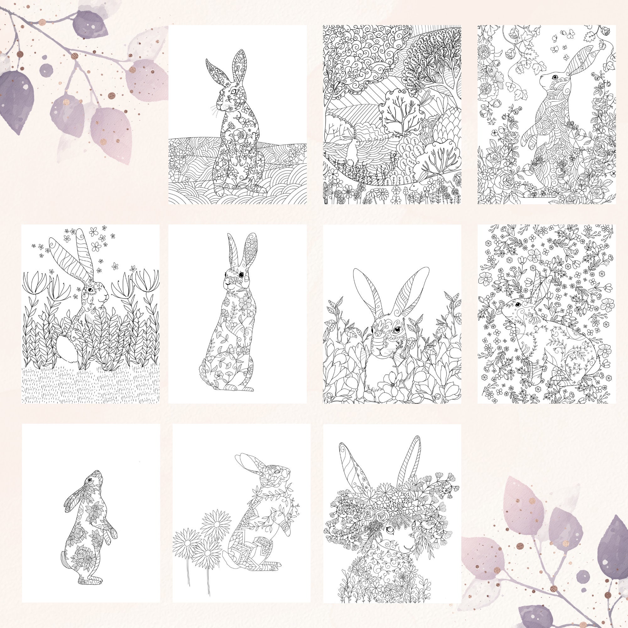 Rabbits, Printable Coloring Pages for Adults, Printable Instant Digital ...